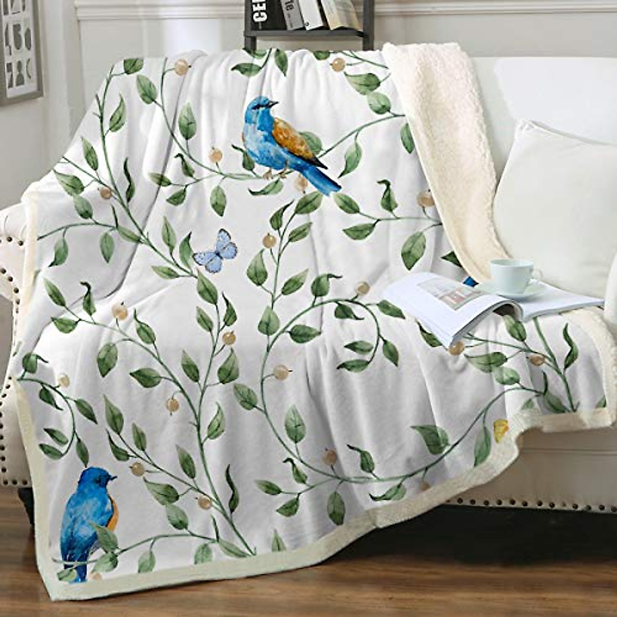 Sleepwish Watercolor Green Leaves Sherpa Fleece Blanket Butterflies Blue Birds and Tree Branch Soft Blanket Spring Pattern Super Warm Lightweight Bed Couch Blankets Throw(50"x60")
