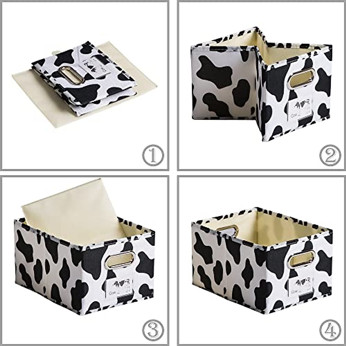 PRANDOM Collapsible Storage Baskets for Closet [3-pack] Decorative Linen Fabric Storage Bins Cubes with Metal Handles for Shelves Bedroom Living Room Cows (11.5x8.5x6.7 Inch)
