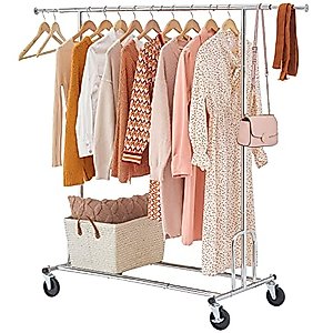 Tajsoon Heavy Duty Clothes Rack,Foldable Garment Rack,Freestanding Commercial Clothing Rack,Adjustable Rolling Clothes Organizer With Wheels And Bottom Storage Display Shelf,Metal,Stackable,Chrome…