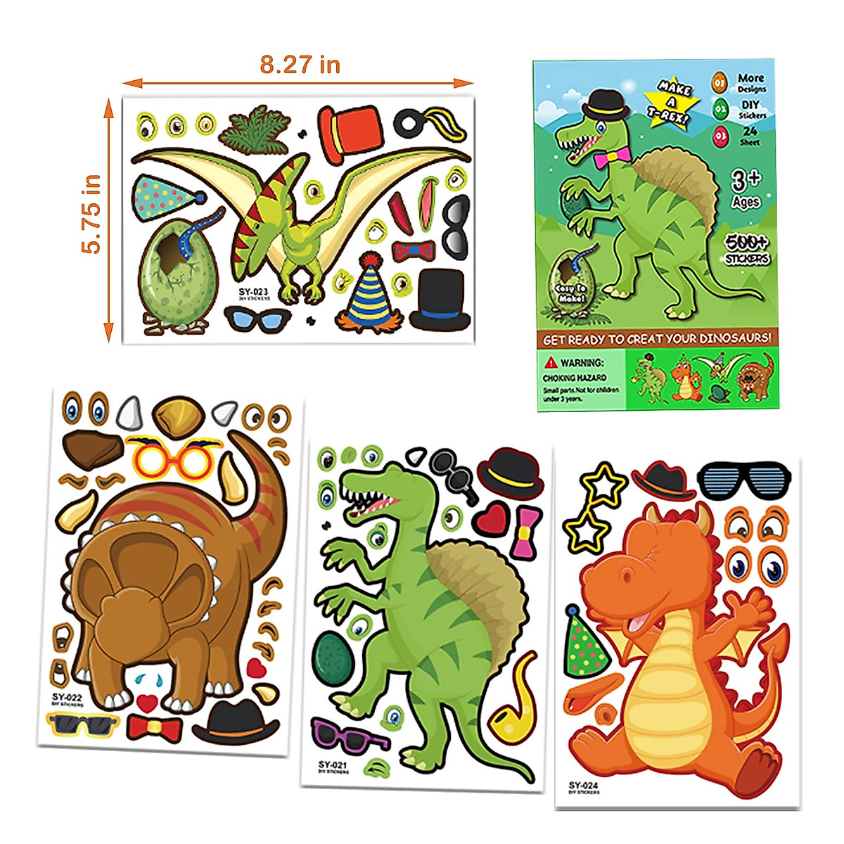 Dinosaur Stickers,Make Your Own Dinosaur Stickers,Make A Dinosaur Stickers DIY Stickers Dinosaur Party Sticker Craft Game,Dino Theme Birthday Party Favors for Kids (24 Sheets) (Make-A-Dinosaur Stickers)