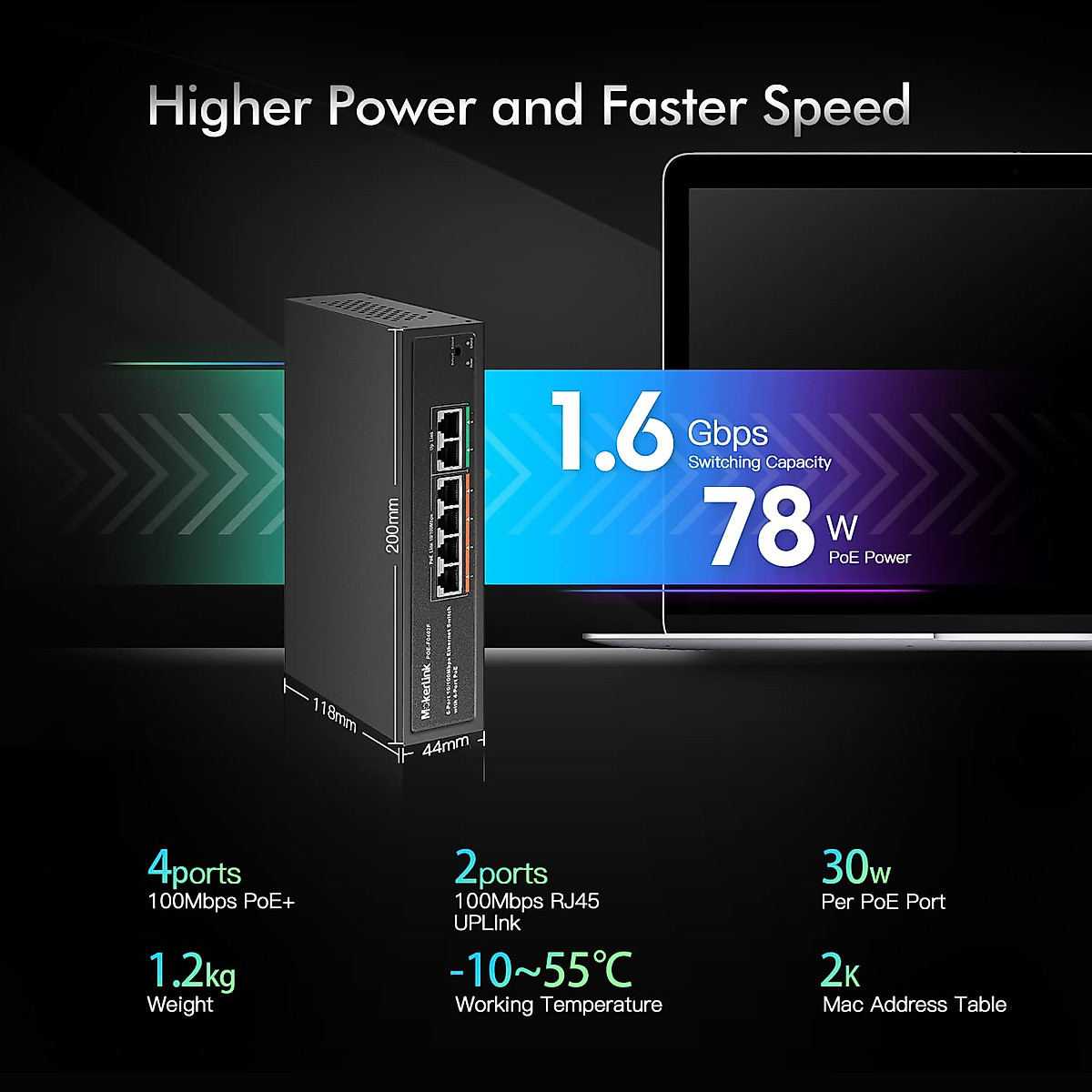 MokerLink 6 Port PoE Switch with 4 Ports PoE+, 2 Fast Ethernet Uplink, 10/100Mbps, 78W High Power, Support IEEE802.3af/at, Fanless Metal Plug & Play PoE+ Network Switch