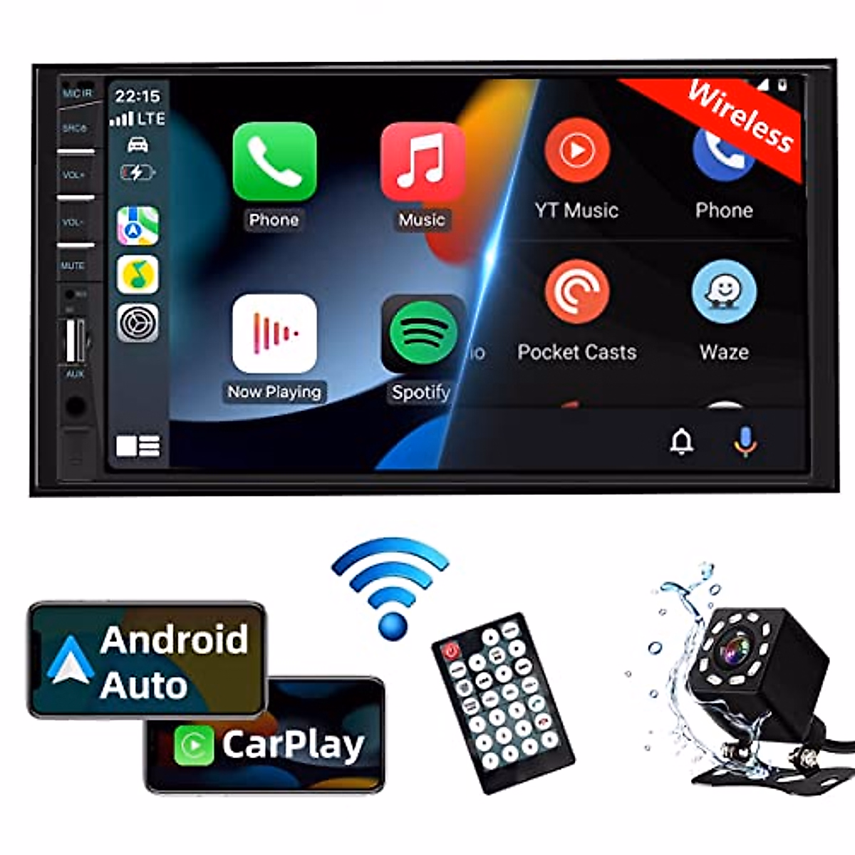 Double Din Car Stereo Wireless CarPlay Wireless Android Auto, 7inch Car Audio Receiver MP5 Player Car Radio Touchscreen with Bluetooth, Mirror Link, Backup Camera, FM, SWC, USB/AUX/TF/Subwoofer