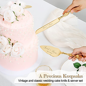 TUKDAK Cake Cutting Set for Wedding, Personalized Gold Cake Knife and Server Set, Custom Cake Serving Set, Engraved Pastry Pie Server Cake Pizza Cutter, Birthday Bridal Gift (CUS-Rose)