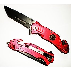 US FIRE FIGHTER ASSISTED Opening TANTO BLADE RESCUE POCKET KNIFE + Seat Belt Cutter + Glass Breaker