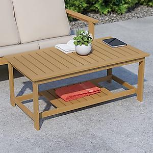 Flash Furniture Charlestown Two Tiered Commercial Grade Adirondack Coffee Table - Natural Cedar Finish Poly Resin Wood - All-Weather - Slatted Shelf Design