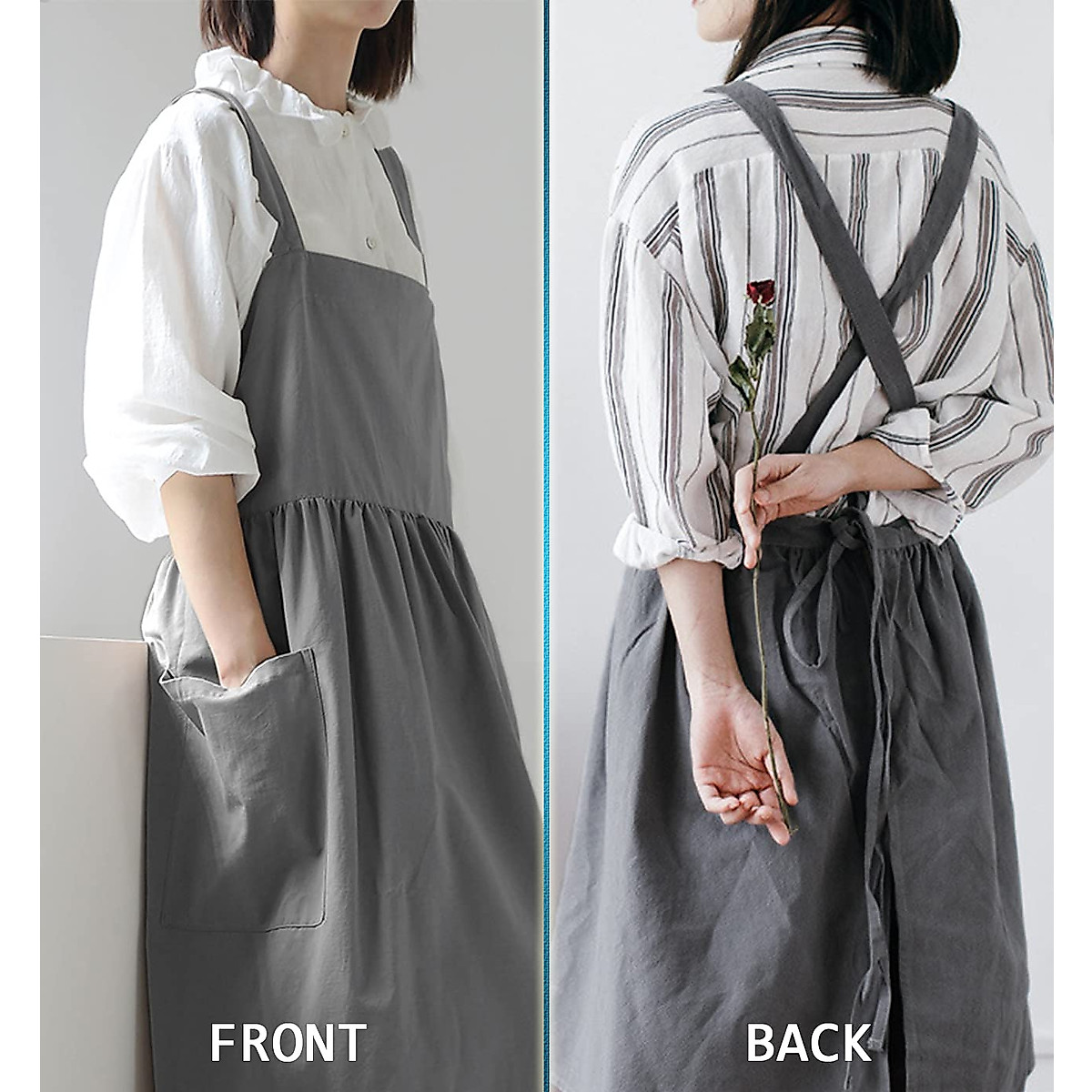 INNIFER linen Aprons for women with pockets Apron dress Cross Back Apron Work Apron for Cooking,Baking,Gardening