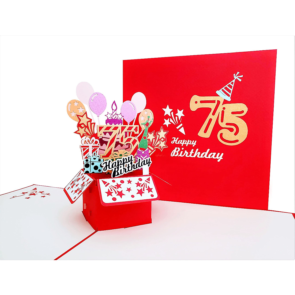 iGifts And Cards Happy 75th Red Birthday Party Box 3D Pop Up Greeting Card – Seventy-Five, Awesome, Balloons, Unique, Celebration, Feliz Cumpleaños, Fun, Mom, Dad