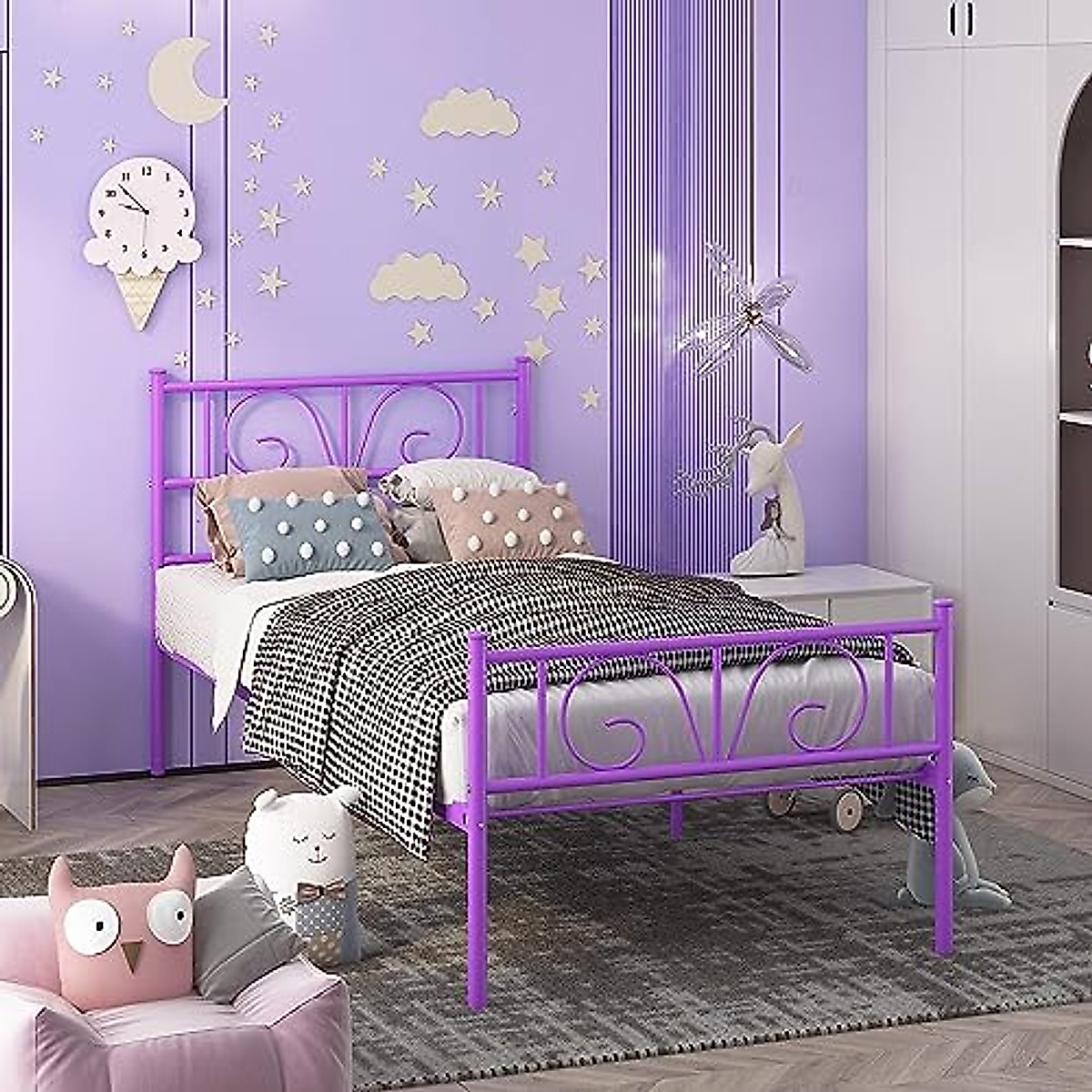 GIME Purple Metal Platform Bed Frame Twin Bed Frames with headboard for Ki‘ds