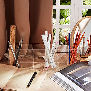 Jetec Acrylic Pencil Holder 6 Compartments Pen Holder Stationery Organizer Makeup Storage Box for Desk Accessories, Cosmetic Brushes, Office, Dorm, Bathroom, Kitchen Supplies (Clear)