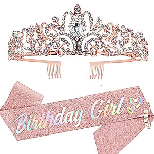Birthday Crowns for Women, Unique Birthday Girl Sash, Rose Gold Metal Birthday Tiara for Women, Princess Birthday Headband Rhinestone Crown Bday Happy Birthday Party Decorations