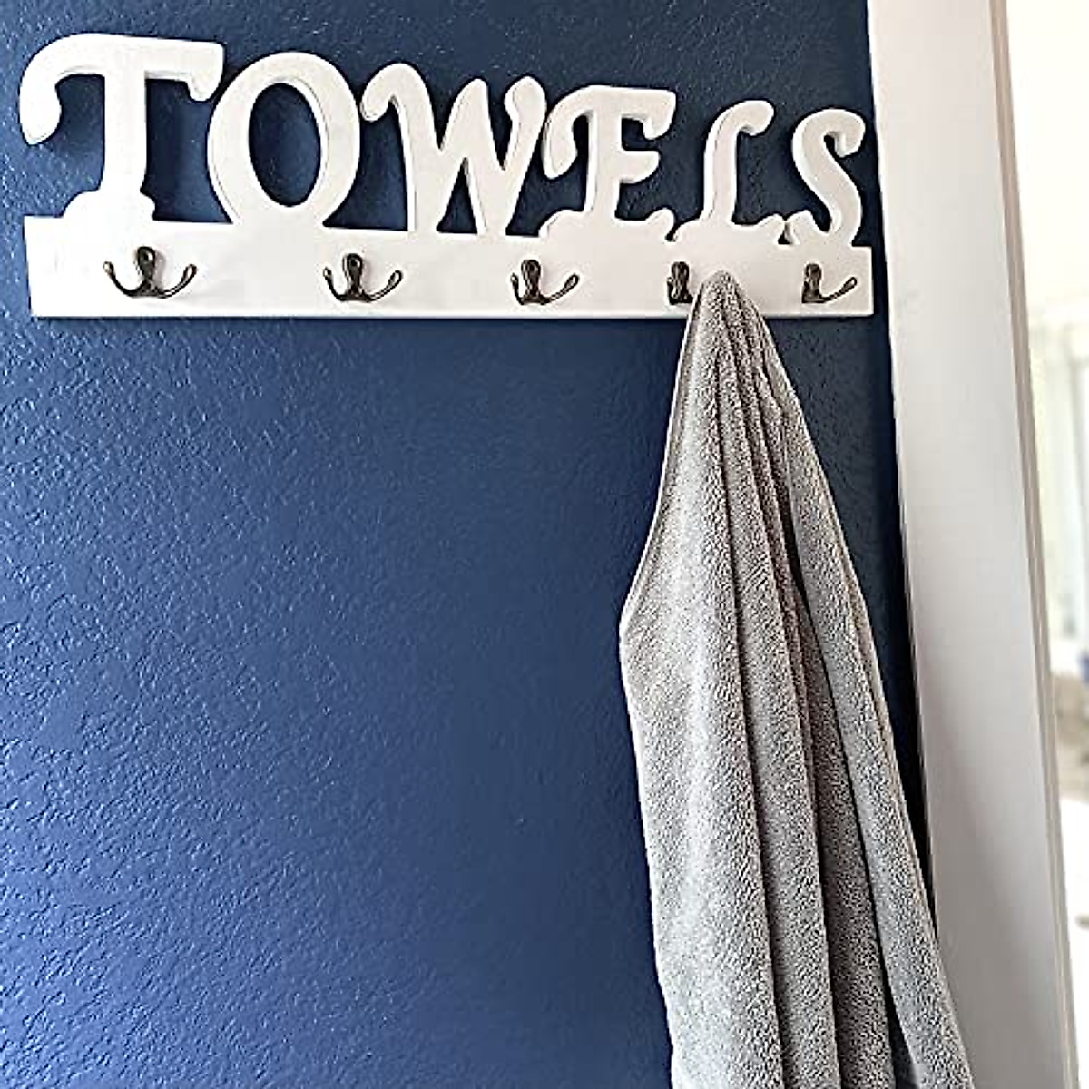 White Towel Holder with 5 Antique Bronze Double Towel Hooks for Your Wall