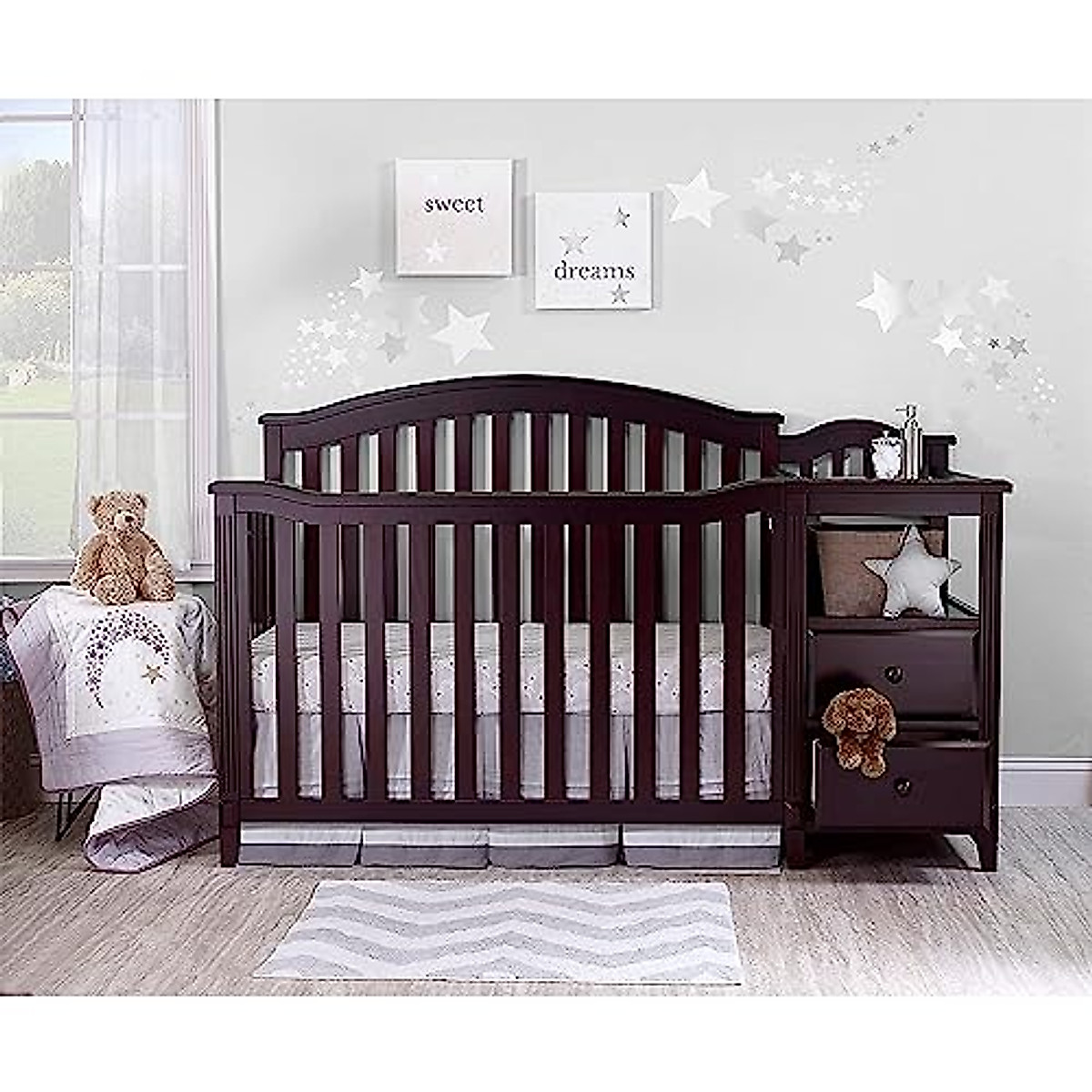 SORELLE FURNITURE Berkley Crib and Changer with Slat Panel Back Classic -in- Convertible Diaper Changing Table Non-Toxic Finish Wooden Baby Bed Toddler Childs Daybed Full-Size Nursery - Espresso
