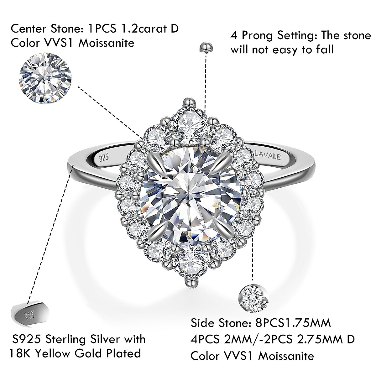 LAVALE Moissanite Engagement Rings for Women, 1.2 CT Lab Created Diamond Promise Rings 18K White Gold Vermeil Knife Edge Moissanite Solitaire Rings for Women Wedding Gifts