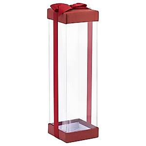 Hammont Clear Plastic Wine Bottle Gift Boxes (6 Pack) Wine Boxes with Base, Lid & Ribbon | For Wine, Whiskey, Vodka & All Bottle Gifts (Maroon, 3.5x3.5 x12.75)