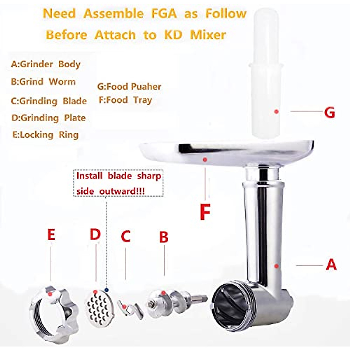 Metal Food Grinder Attachment for KitchenAid Stand Mixers， Meat Grinder Kitchen Aid Asseccories for KitchenAid，Includes 2 Sausage Stuffer Tubes, 4 Grinding Plates，Silver
