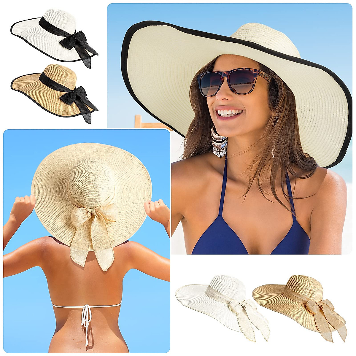 Xtinmee 6 Pcs Summer Women's Big Bowknot Straw Hat Wide Brim Foldable Floppy Hat Adjustable UV Protection UPF 50+ Beach Hat (Light Colors)