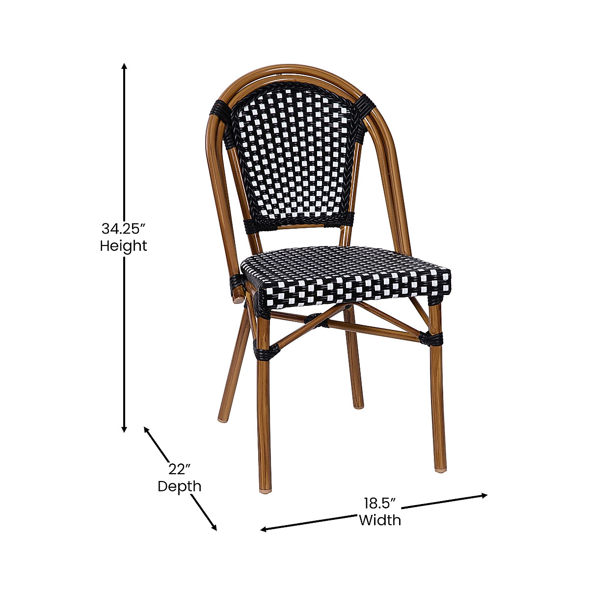 Merrick Lane Sacha Bistro Chair - Black & White Woven PE Seat and Back - Bamboo Finish Aluminum Frame - for Indoor/Outdoor Use - Set of Two