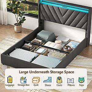 Loomie Queen Lift Up Bed Frame with Charging Station & LED Lights, Upholstered Bed with Modern Wingback Storage Headboard, Hydraulic Storage, No Box Spring Needed, Wood Slats Support, Dark Grey