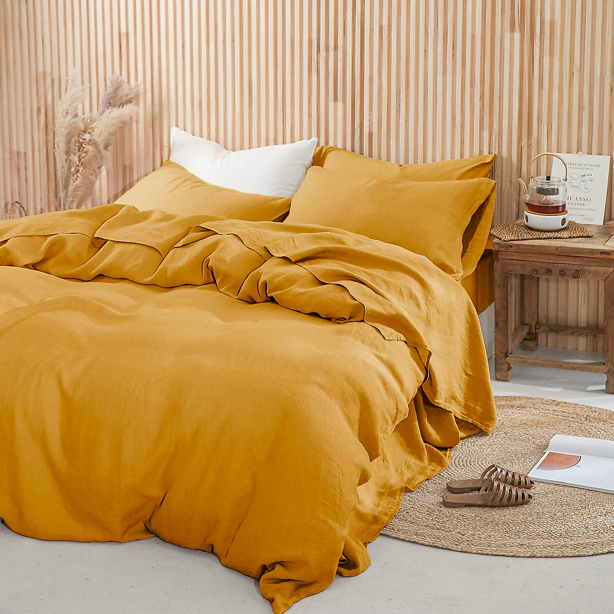 L Linen World Linen Duvet Cover Set 100% Stone Washed French Flax Pure Linen Duvet Covers Cooling Duvet Cover Queen Size Linen Bedding Set 1 Linen Duvet Cover 2 Pillowcases (Yellow,Queen)