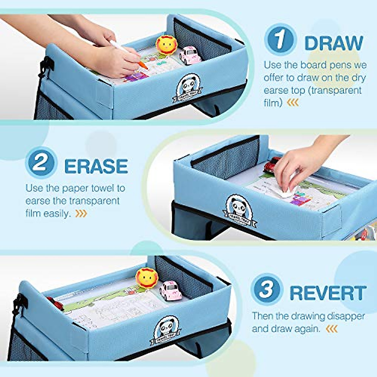 Upgraded Kids Travel Tray with Dry Erase Top Car Seat Travel Tray with 16 Organizer Pockets for Car Stroller Plane With 5 Educational Drawing Blue