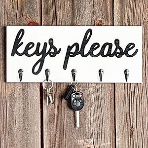 Ka Home Wall Mount Key Holder with Hooks - Entryway Wall Hanger with Key Hooks is an Ideal Organizer for Car Keys, Coats, Hats and More - Cute Farmhouse Style Decorative Hooks - 14 x 6 hes, White