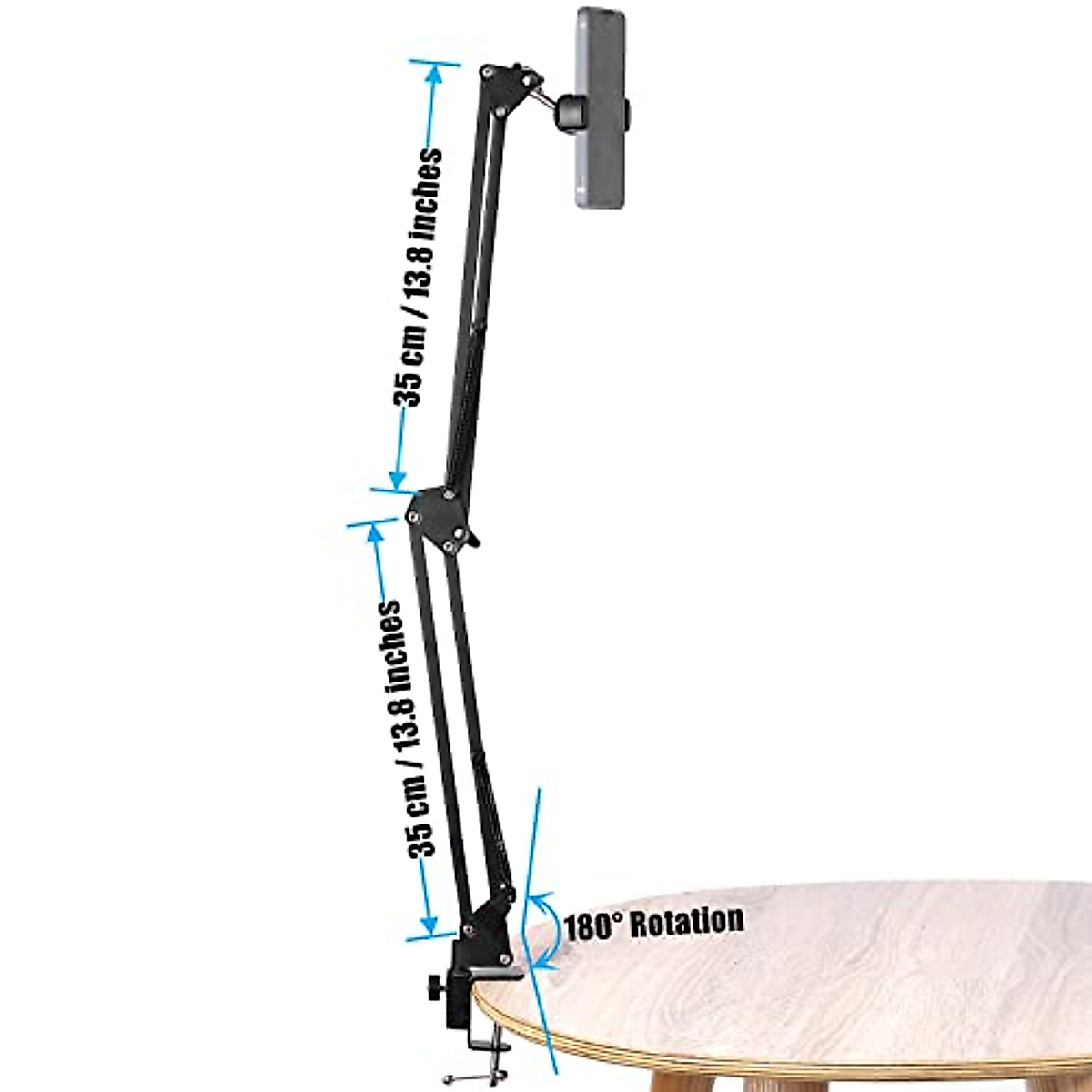 WANBY Overhead Phone Stand Articulating Arm Table Stand Mount Flexible 360° Rotation Cell Phone Clip Holder for All Smart Phone Microphone