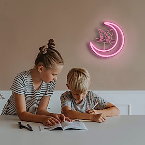 JXIN Moon Neon Sign, Adorable Anime-Inspired Luna Cat Moon Light for Girl's Teen Room Wall Decor, Kawaii Gamer Room, Birthday Decorations