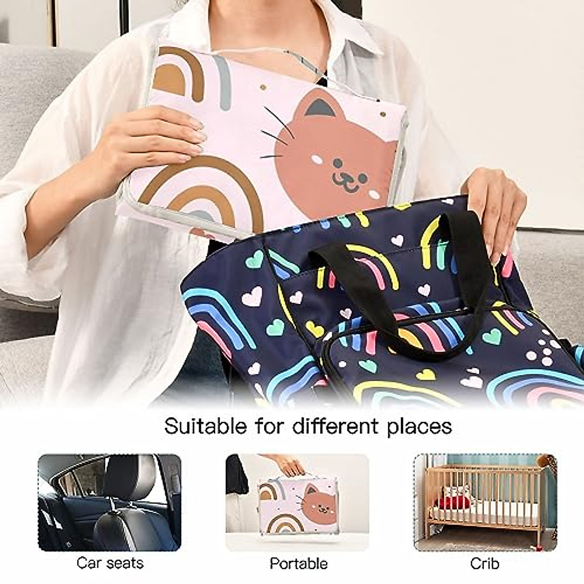 Bulletgxll Cat Cartoon Doodle（2） Portable Diaper Changing Pad Waterproof Changing Pad with Baby Tissue Pocket and Magic Stick for Newborn Baby.