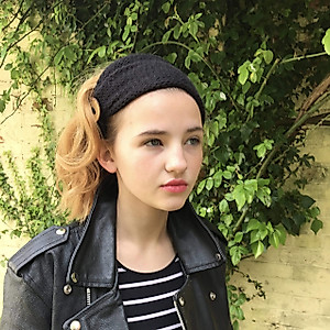 Handmade Black Knitted Wool Headband Ear Muffs with Coconut Button