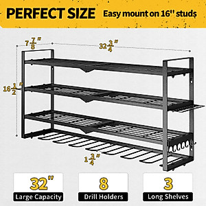 SOYEEZE Power Tool Organizer, Drill Holder Wall Mount, 4 Layers Tool Storage, Heavy Duty Garage 8 Drill Storage Shelf with Hammer/Screwdriver/Hooks Rack, Extra Large Capacity