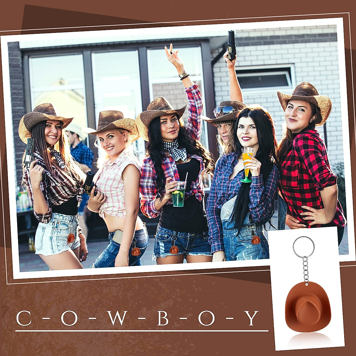 Sureio 12 Pcs Plastic Mini Western Cowboy Cowgirl Hat Keychain for Kids Adult Birthday Bachelorette Party Gifts Wedding Party Favors (Brown)