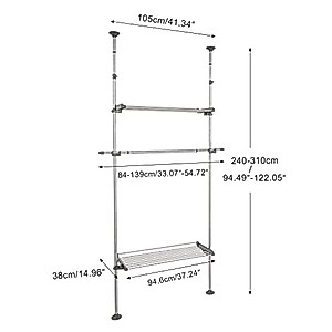 DAHOOMII Adjustable Clothes Rack Double Tension Pole Garment Display Stand Heavy Duty Coat Jacket Hanger Clothing Storage Organizer with 2 Large Shelves & 1 Hanging Rod - Grey