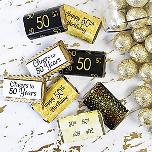 DISTINCTIVS Black and Gold 50th Birthday Party Mini Candy Bar Wrappers - 45 Stickers