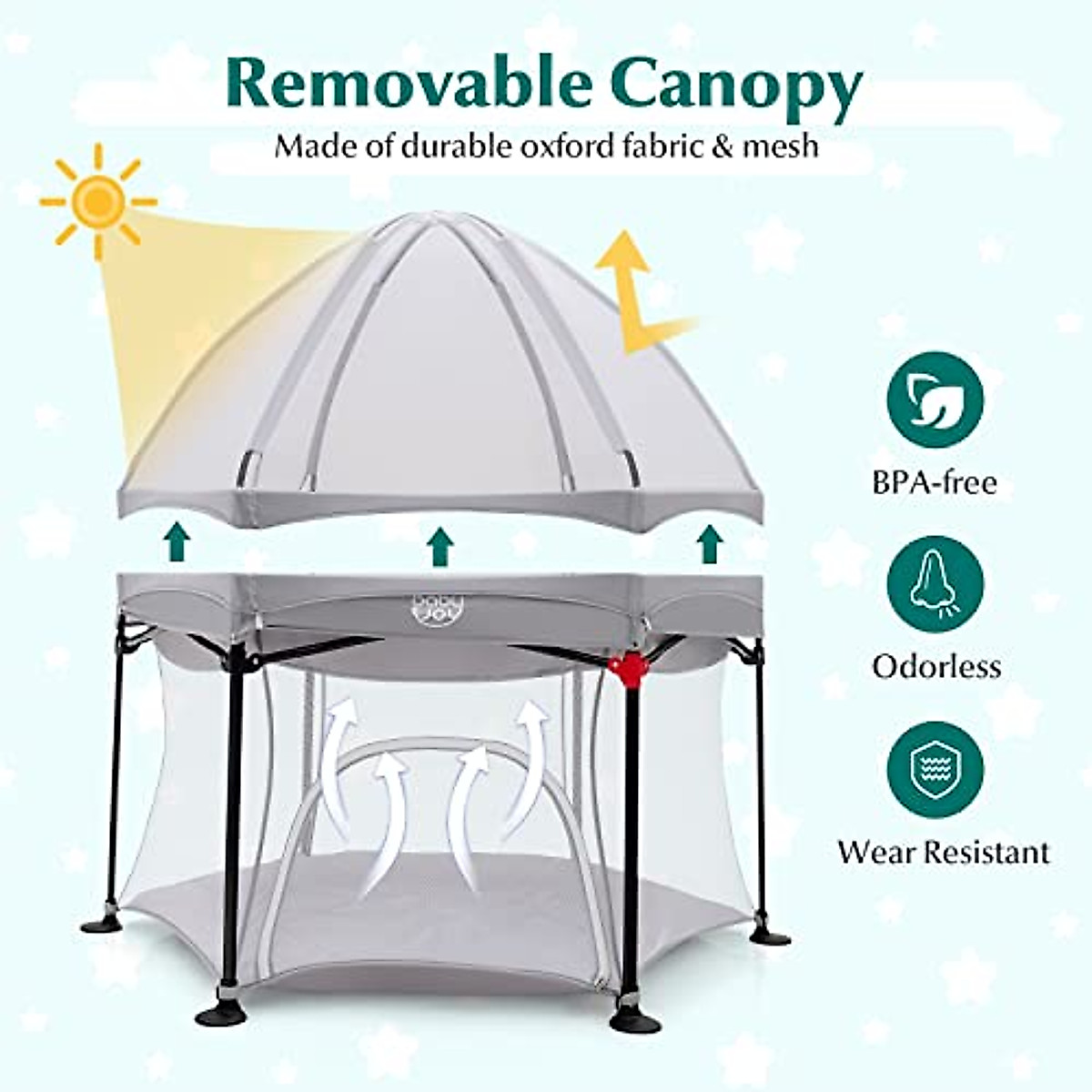 BABY JOY 53'' Outdoor Baby Playpen, Portable Large Play Yard for Babies and Toddlers w/Removable UV Canopy, Bag, Padded Mat, Foldable Travel Baby Beach Tent Play Pens for Both Indoors and Yard Grey