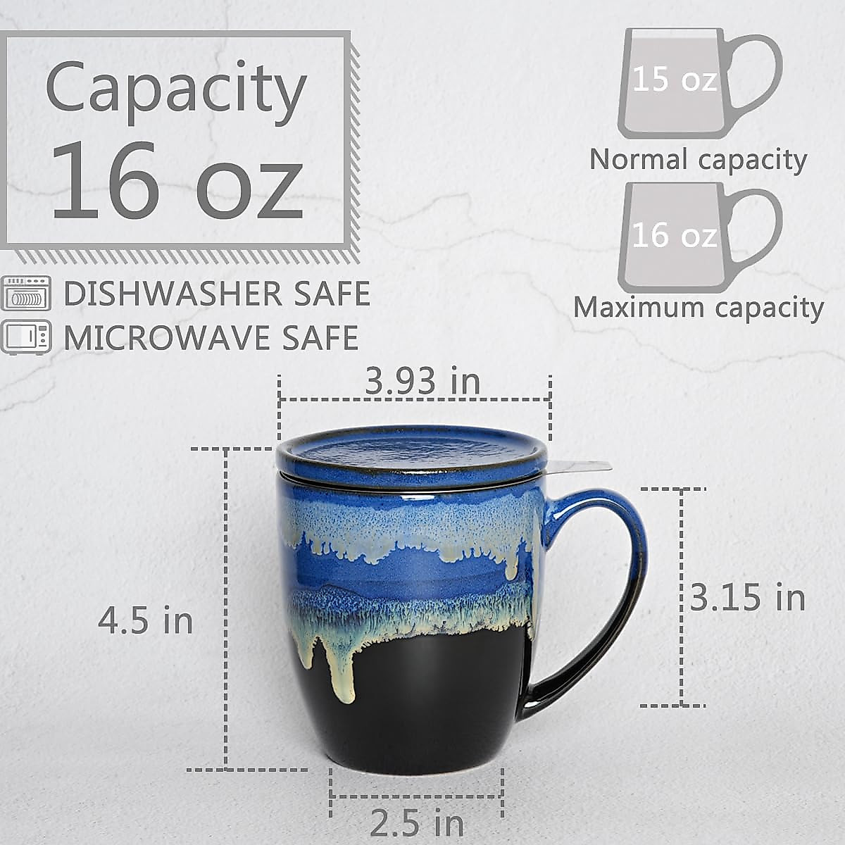 Bosmarlin Ceramic Tea Cup with Infuser and Lid, 16 Oz, 4 Color to Choose Dishwasher and Microwave Safe, Steeping Tea Mug with Strainer (Blue)