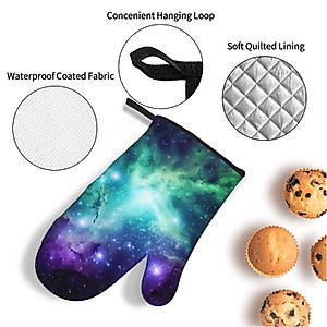 Oven Mitts and Pot Holders Set of 4 Green Blue Purple Galaxy Print Kitchen Oven Glove Fashion Heat Resistant Oven Gloves Set for BBQ Grill Baking Cooking Oven Microwave
