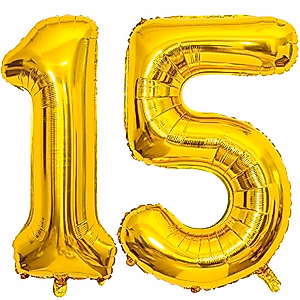 40 Inch Gold 15 Number Balloons Giant Jumbo Huge 15 or 51 Foil Mylar Helium Number Digital Balloons Gold Birthday Mylar Digital Balloons 15th 51st Birthday Anniversary Events Party Decorations