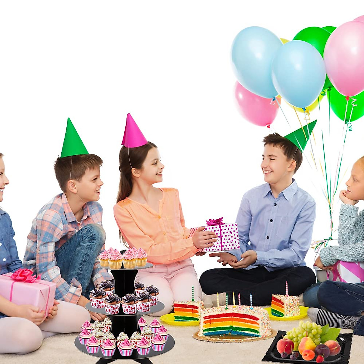 7 Set Black Cupcake Stand 3-Tier Cardboard Cupcake Tower Stand Disposable Cake Stand Holders Rectangle Serving Tray 1-Tier Round Cake Stand Platters for Easter Party Supplies