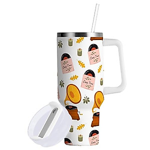 Emelivor Gramophones Records White 40 oz Tumbler with Lid and Straw Insulated Tumblers with Handle Leak Proof Coffee Tumbler Mug Large Water Bottles Fits in Car Cup Holder