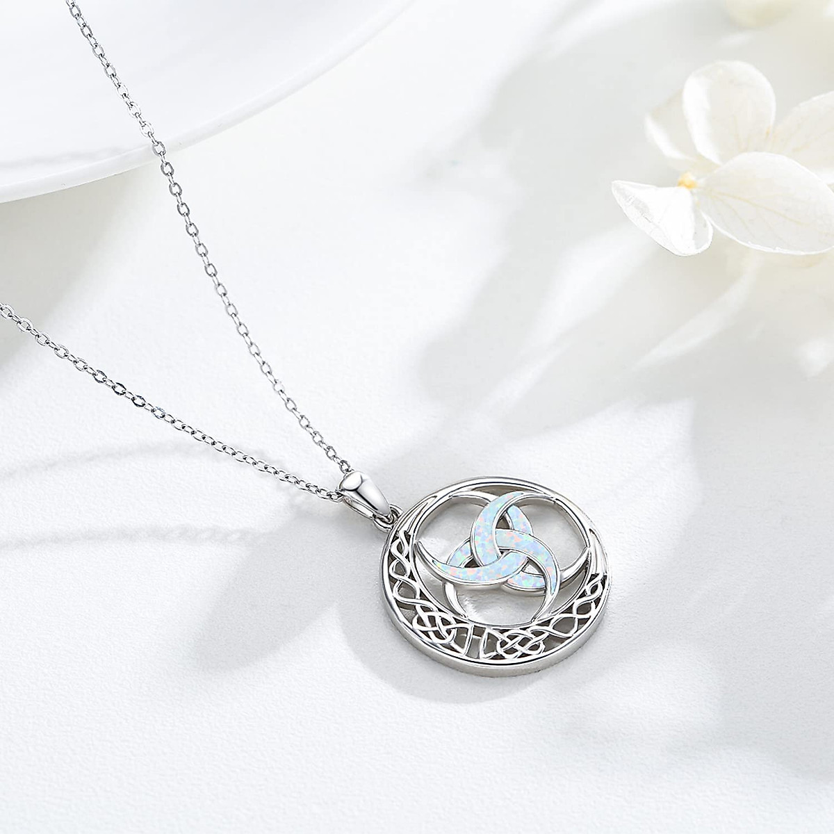 Midir&Etain Celtic Necklace for Women 925 Sterling Silver Celtic Moon Necklace Norse Mythology White Opal Pendant Necklace Crescent Triple Horn of Odin Necklaces Amulet Jewelry Gifts