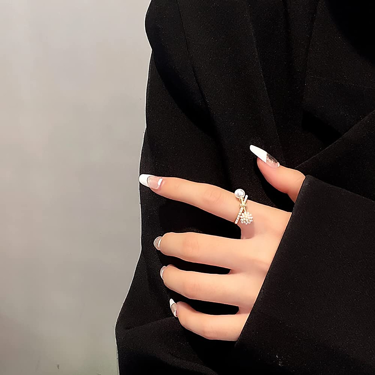 Cute Pearl Statement Ring for Women Girls Gold Plated Faux Pearls Ball Beaded Barbell Expandable Adjustable Open Wrap Rings Comfort Fit Lovely Birthday Christmas Wedding Jewelry