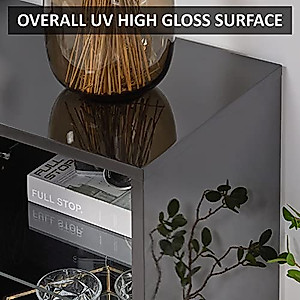 AMERLIFE 68" TV Stand with 40" Electric Fireplace, Modern High Gloss Media Entertainment Center with LED Lights for TVs up to 78", TV Console Cabinet with Glass Shelves Lower Storage, Black