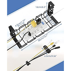 Under Desk Cable Management Tray, No Drill, 15.7'' Under Desk Cord Organizer with Clamp Cable Tray, Metal Under Desk Wire Management Wire Organizer Cord Management Tray for Desk, Classic Black