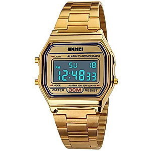PASOY Men's Digital Gold Stainless Steel Watch Backlit Multifunction Stopwatch Waterproof Sport Watches Reloj (Gold)