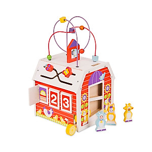 Melissa & Doug First Play Slide, Sort & Roll Wooden Activity Barn with Bead Maze, 6 Wooden Play Pieces (11.75” x 11.75” x 20” Assembled)