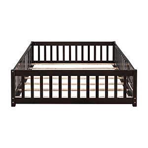 PVWIIK Full Size Montessori Floor Bed Frame with Convertible Door & Wood Slats for Kids,Wood Montessori Bed with Safety Guardrails for Girls & Boys,Espresso