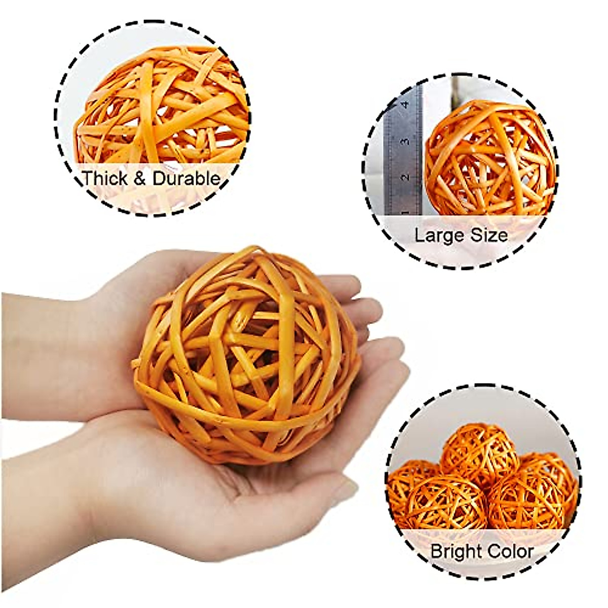 Qingbei Rina 6 PCS Wicker Rattan Balls,4 Inch Orange Decorative Balls,Large Rattan Balls,Spring Wicker Balls,Bowl Vase Fillers for Table Centerpieces,Home Wedding Holiday Decor Gifts