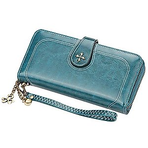 Andongnywell Women's RFID Blocking Wallet Large Capacity PU Leather Clutch Card Holder Organizer Ladies Purse (Blue)