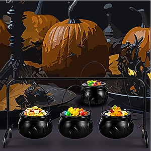 Tanlade Halloween Witch Cauldron, 3 Pcs Candy Serving Bowl on Rack with 3 Black Plastic Cauldron Bowls, Spooky Candy Bucket Punch Bowls for Halloween Party Table Home Decoration(Black)