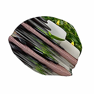 WONDERTIFY Zen Basalt Stones Orchid Knit Hat Bamboo Black Pebble Rock Beanie Hats for Men Women Warm, Soft & Stretchy Daily Ribbed Baggy Skull Cap Oversize